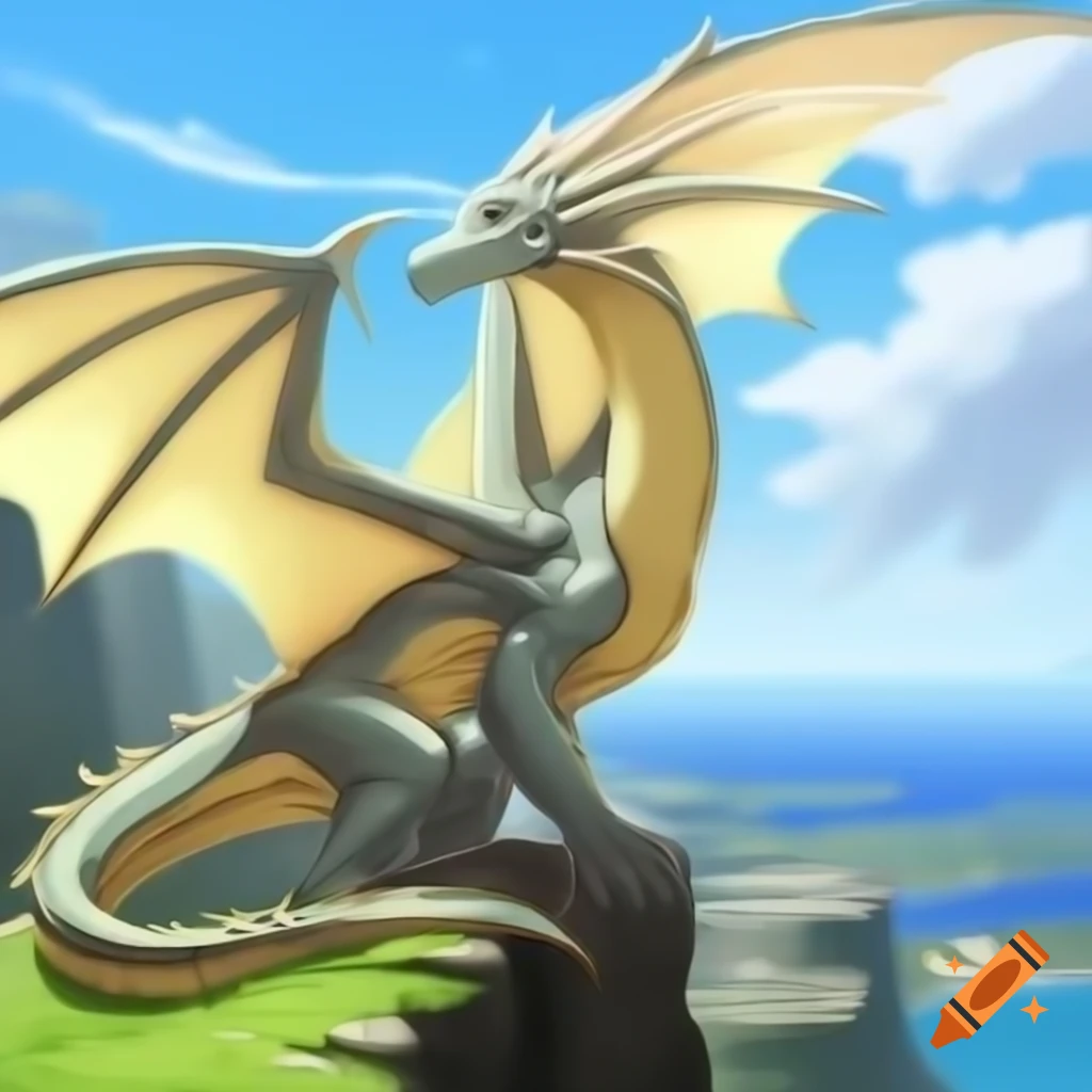 Majestic feathered dragon on cliffside in anime realism style on Craiyon