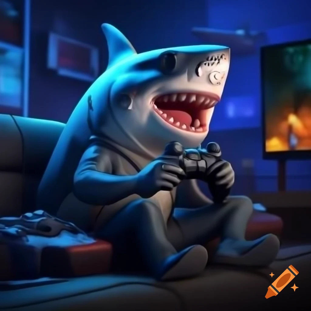 Shark playing video games on couch with television on Craiyon