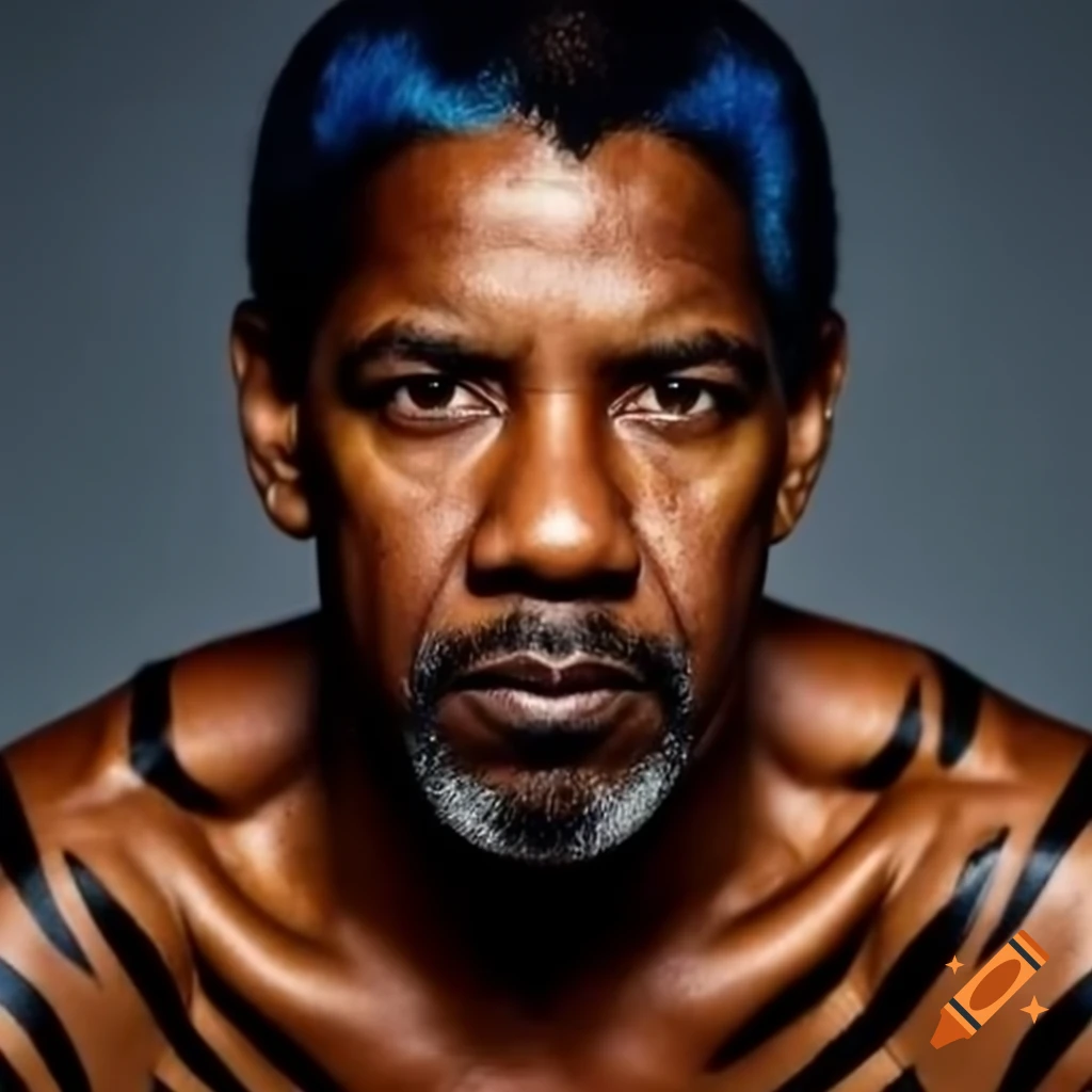 Muscular figure resembling Denzel Washington with tiger-style makeup ...