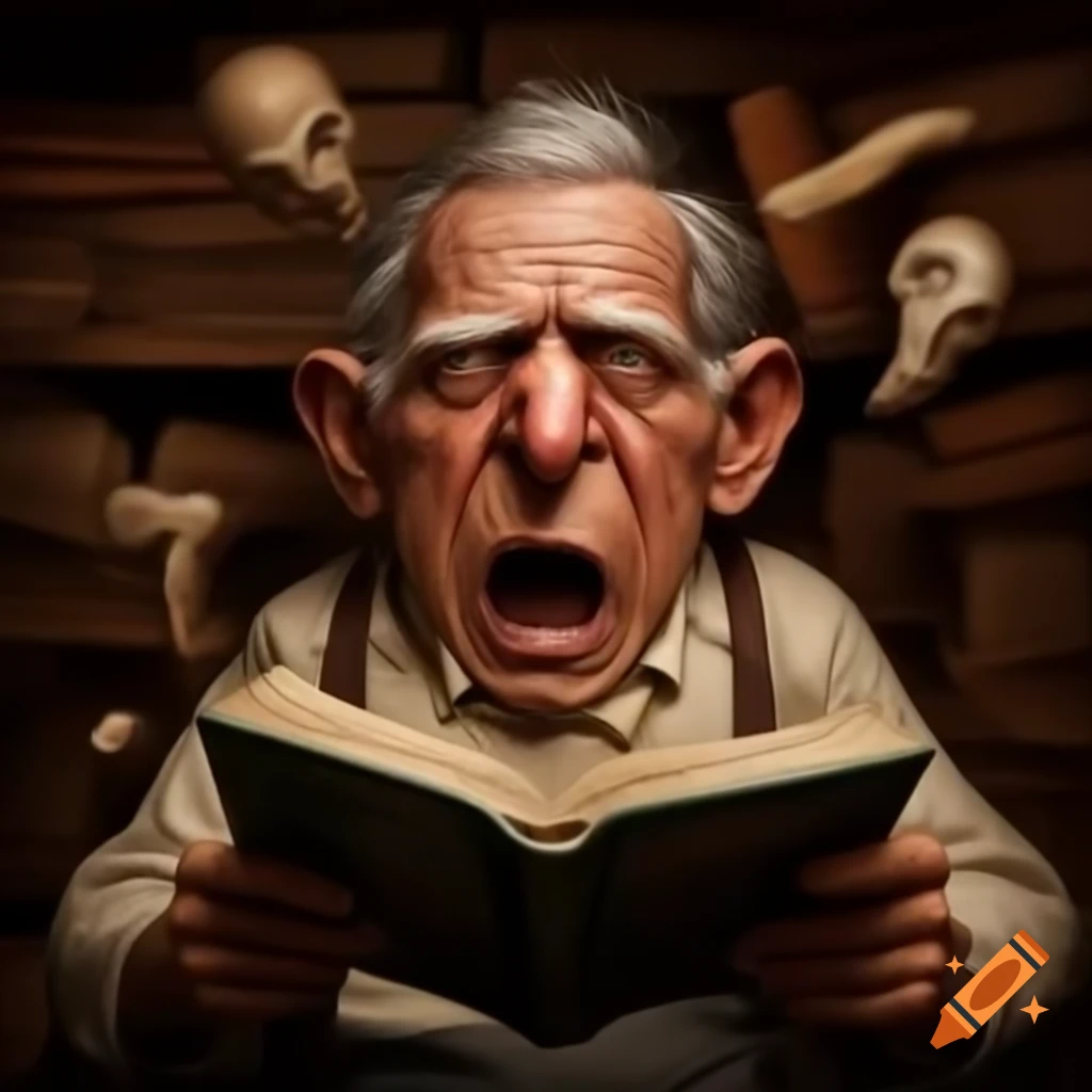 Angry old man with misshapen head reading phrenology book on Craiyon