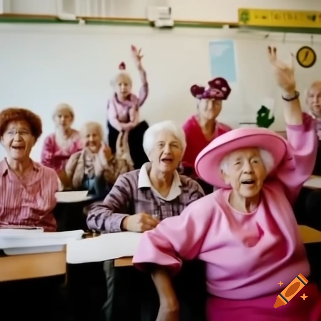 Elderly people with fun accessories engaged in learning in a classroom ...
