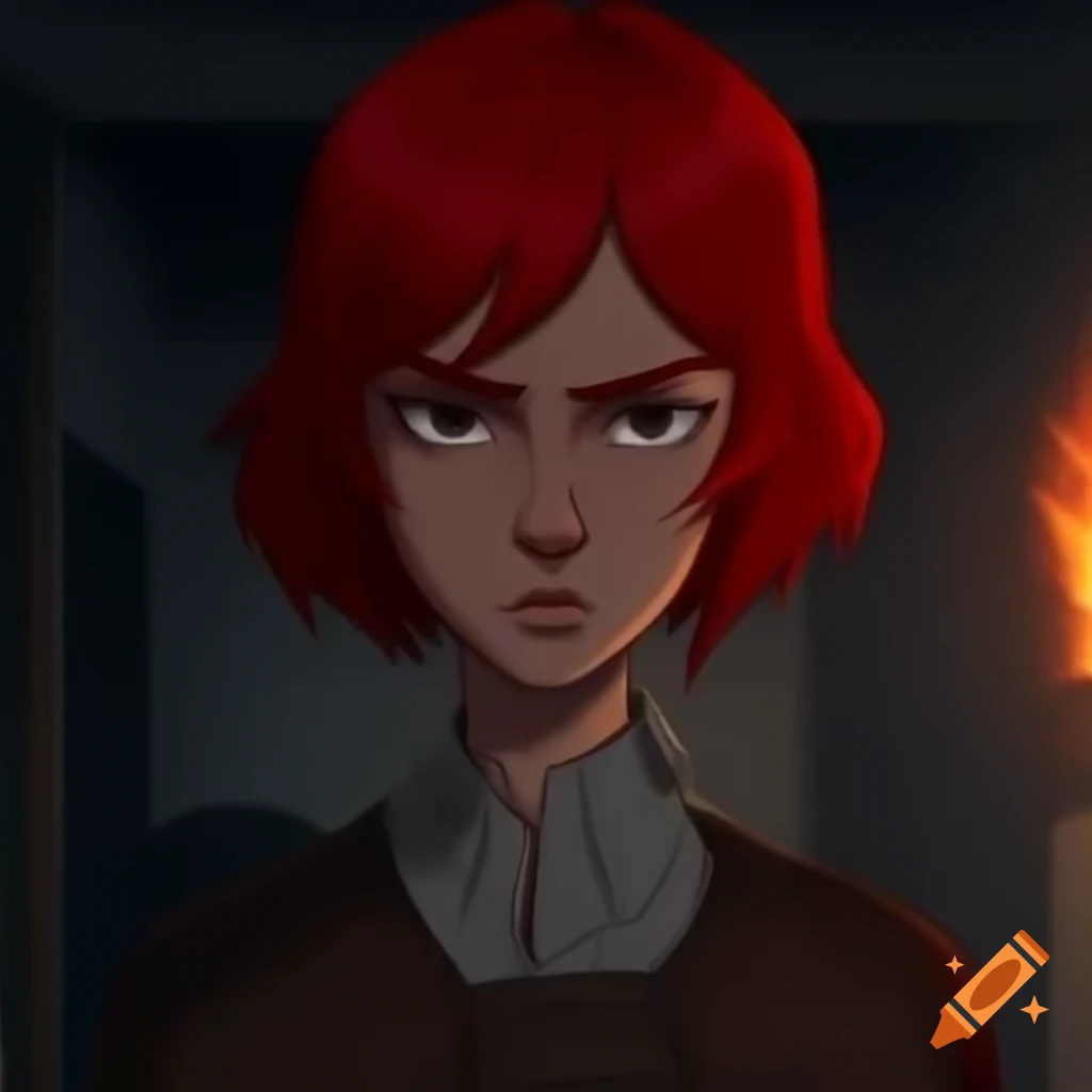 Young woman with red hair and grey eyes in dim room, intense expression ...