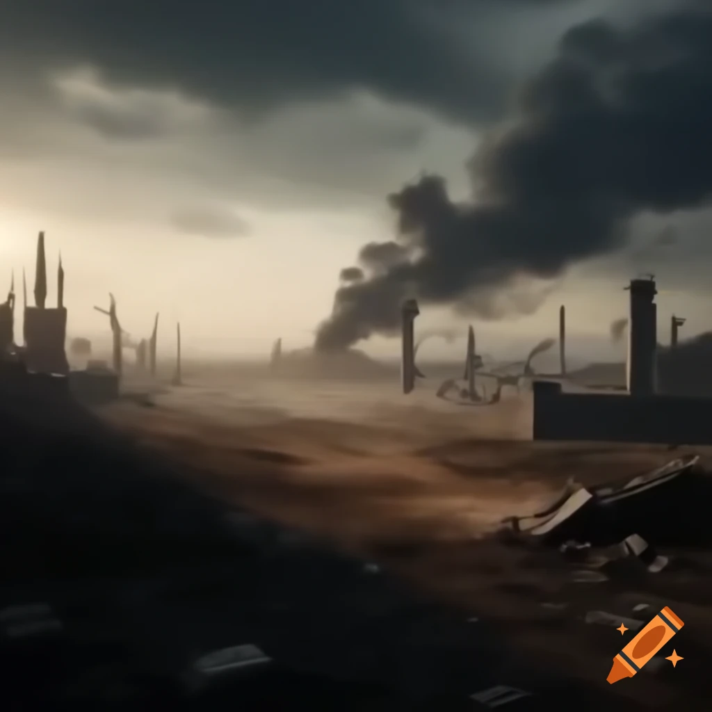 Desolate battlefield with ruins and thick smoke under gray sky on Craiyon