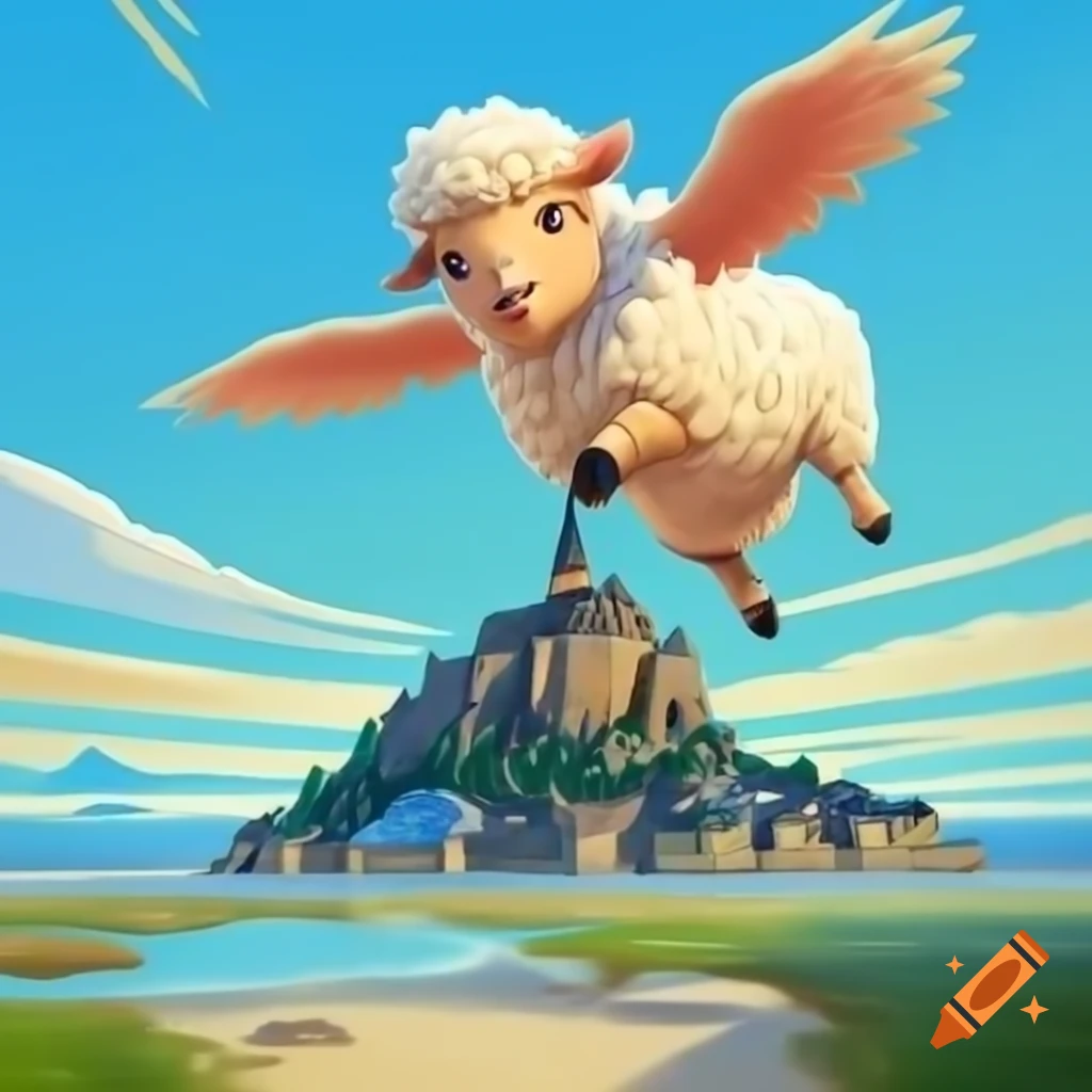 Fluffy sheep flying over Mont Saint-Michel with shadow on shining sands ...