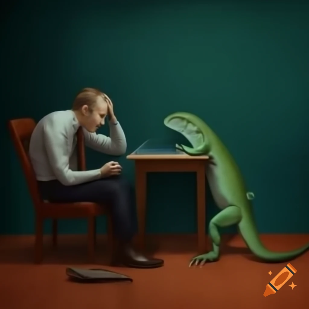 Man engaged in staring contest with monitor lizard on table on Craiyon