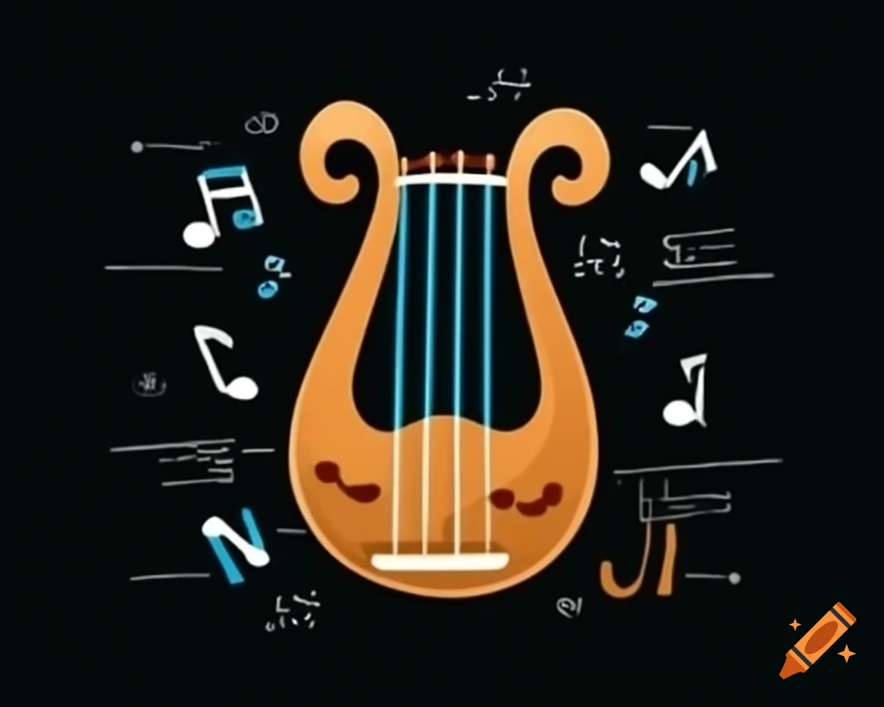 Whimsical fantasy lyre with musical notes turning into letters on ...