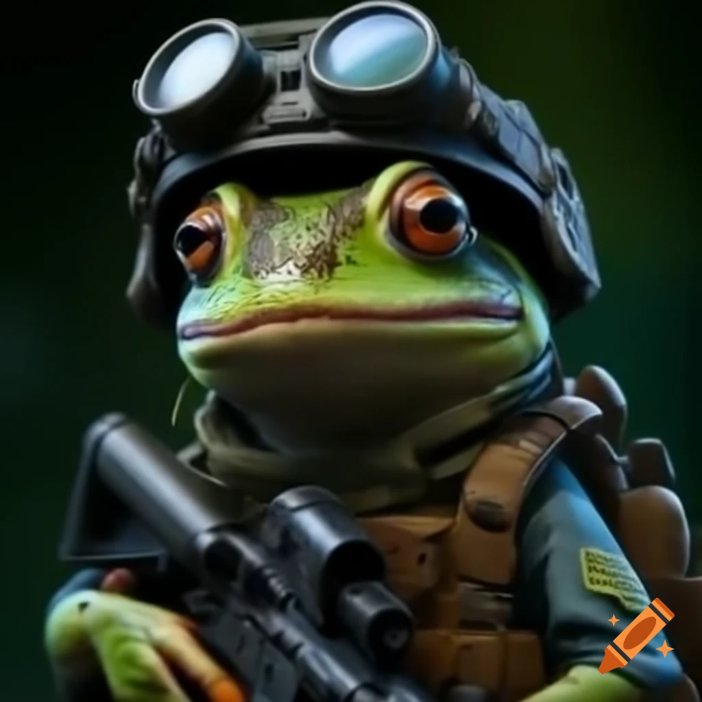 Frog in combat helmet and night vision carrying ar-15 on Craiyon