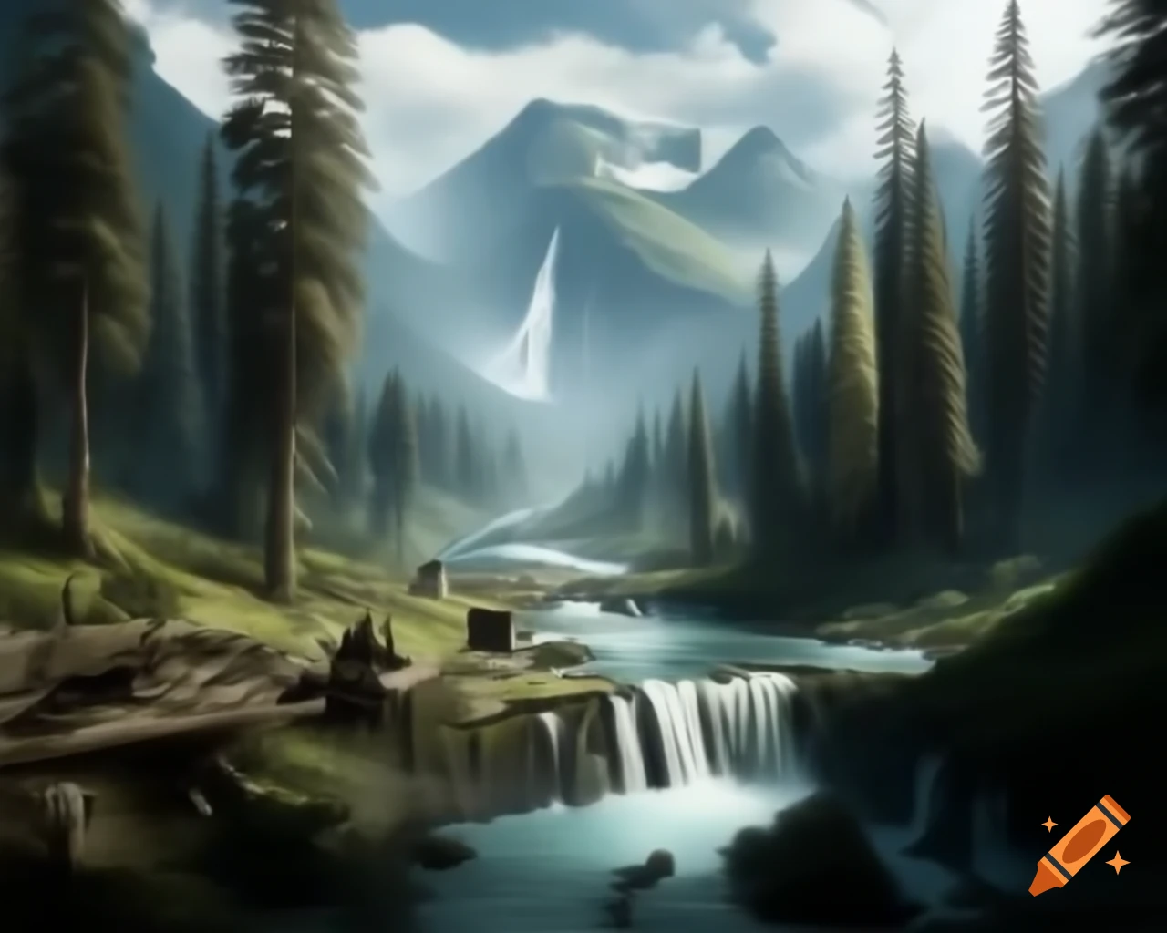 Realistic epic-fantasy landscape with forests, mountains, river ...