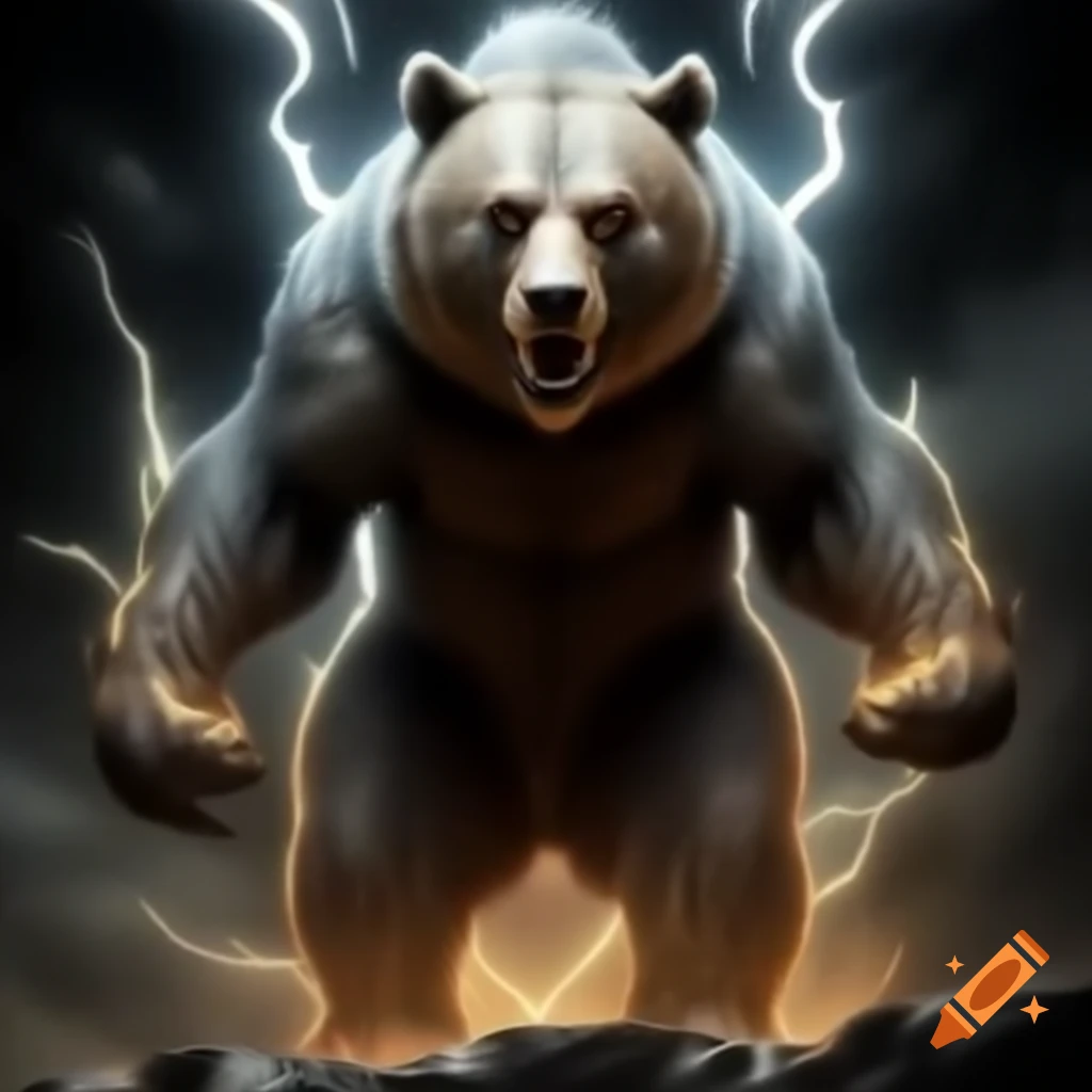 Majestic grizzly bear on hind legs summoning lightning with shimmering ...