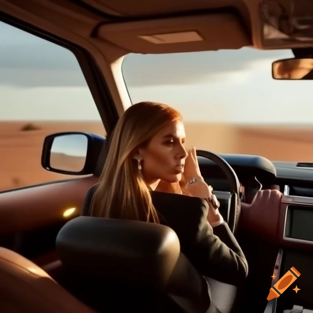Jewellery saleswoman driving range rover through desert with sunlight ...