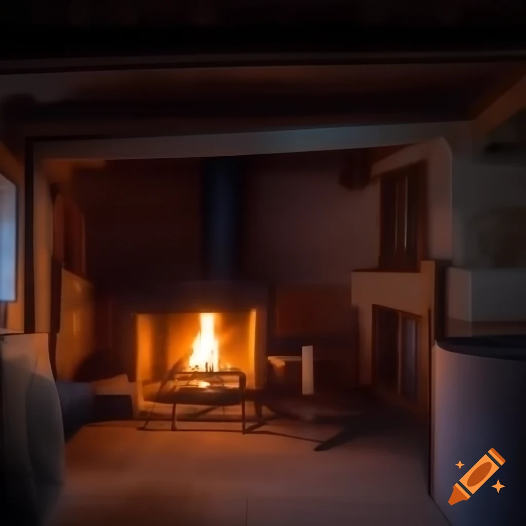 Cozy rustic wooden home interior with fireplace in pixel art style on ...