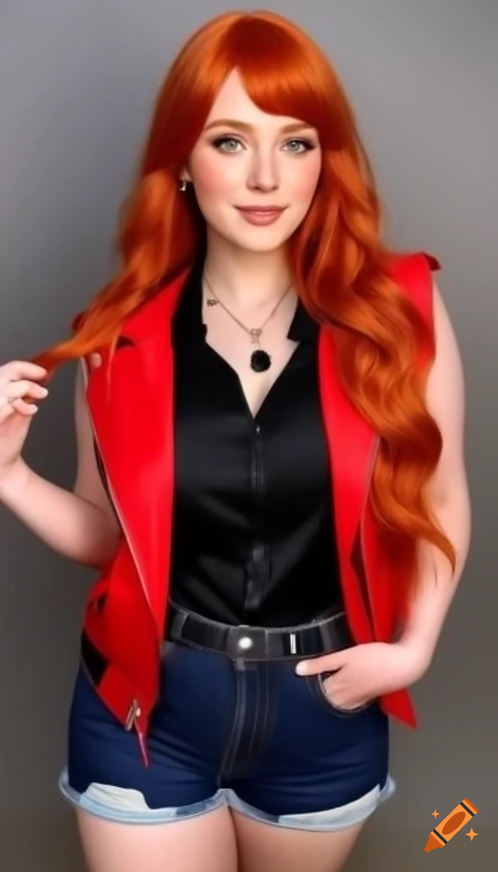 Redhead in cosplay with red sleeveless jacket and denim shorts on Craiyon
