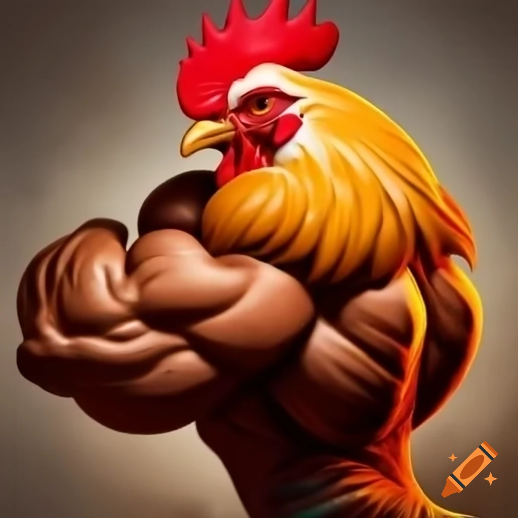 Colorful muscular rooster flexing biceps on Craiyon