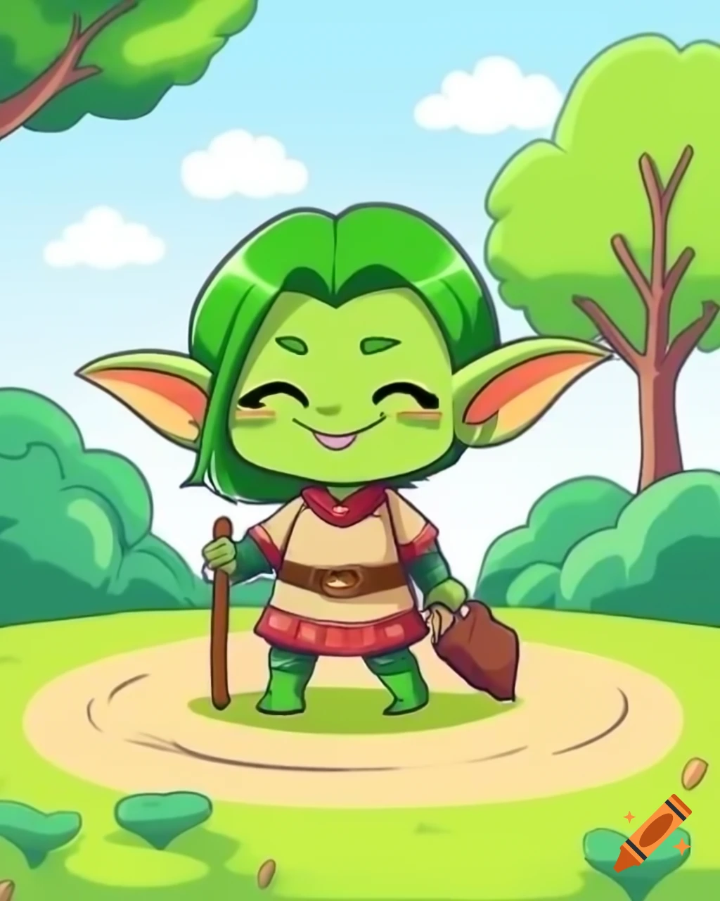 Chibi green-skinned goblin girl walking in park, anime style on Craiyon