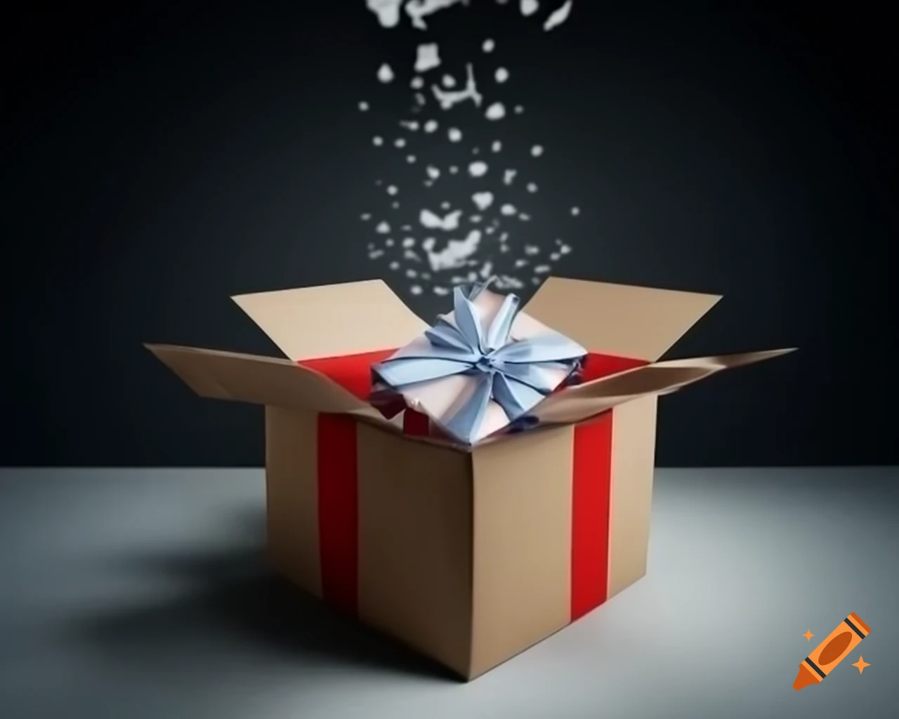 Open wrapped present box with a gift falling out on Craiyon