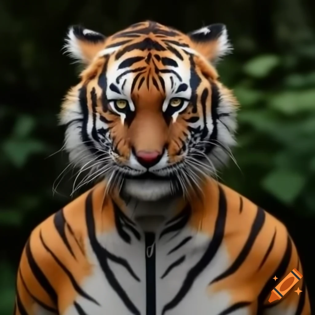 Young man in realistic tiger costume for eco-friendly event on Craiyon