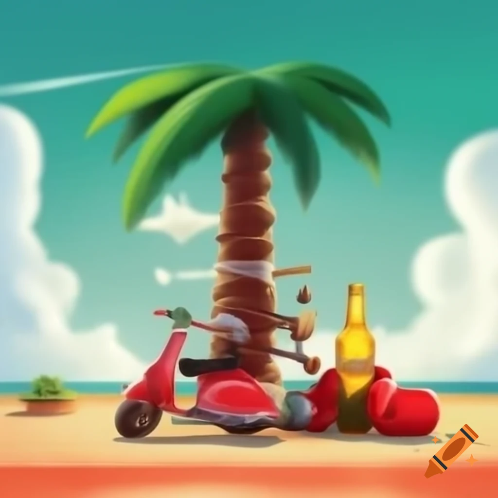 Palm tree with small elephant, beer bottle, moped, and boxing gloves on Craiyon