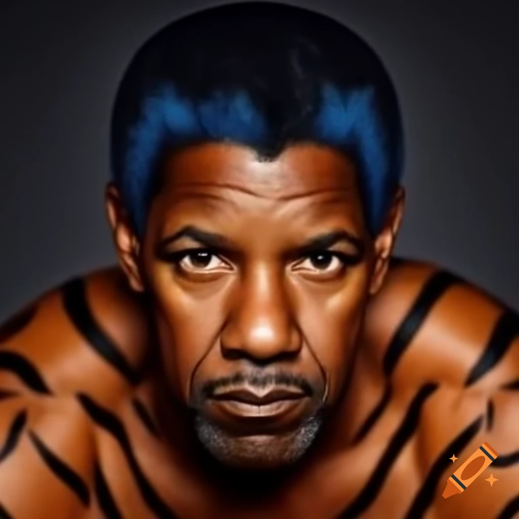 Muscular character with tiger-style makeup and blue hair on Craiyon