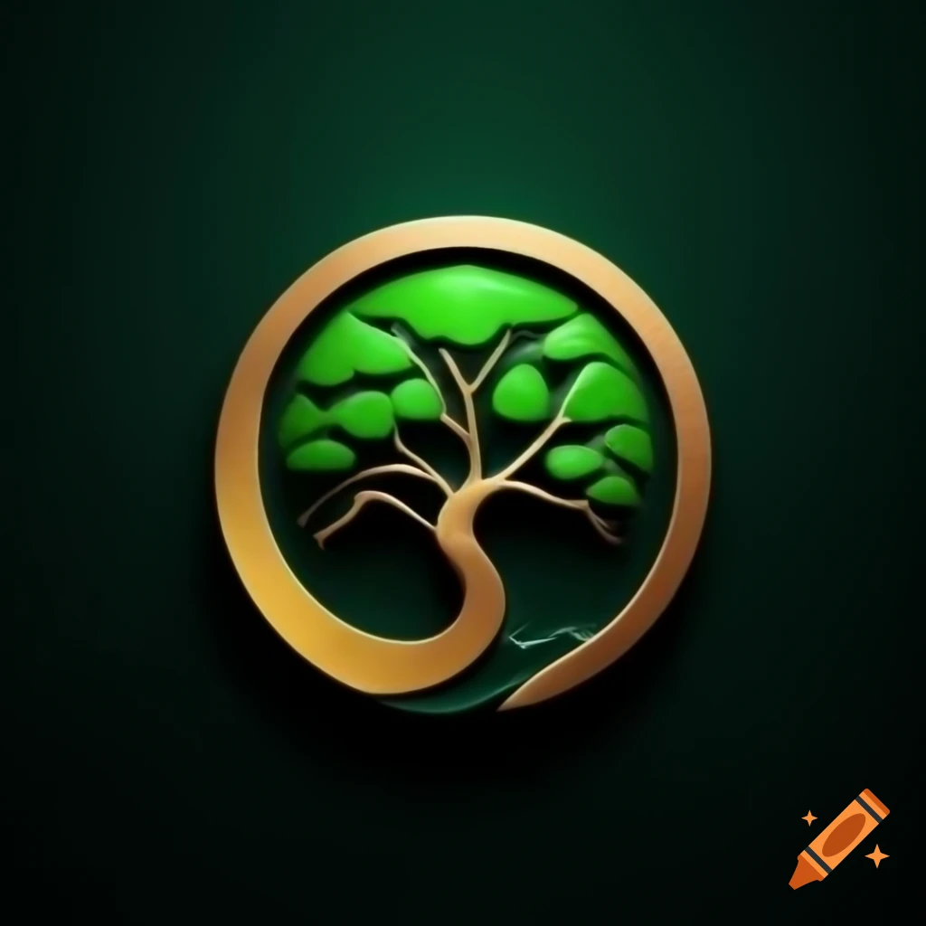 Realistic minimal logo design featuring teak tree in dark green and gold with circular arrow on ...