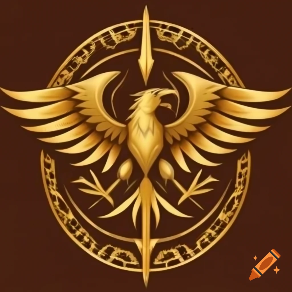 Medieval heraldic sigil of golden eagle with spread wings on brown ...
