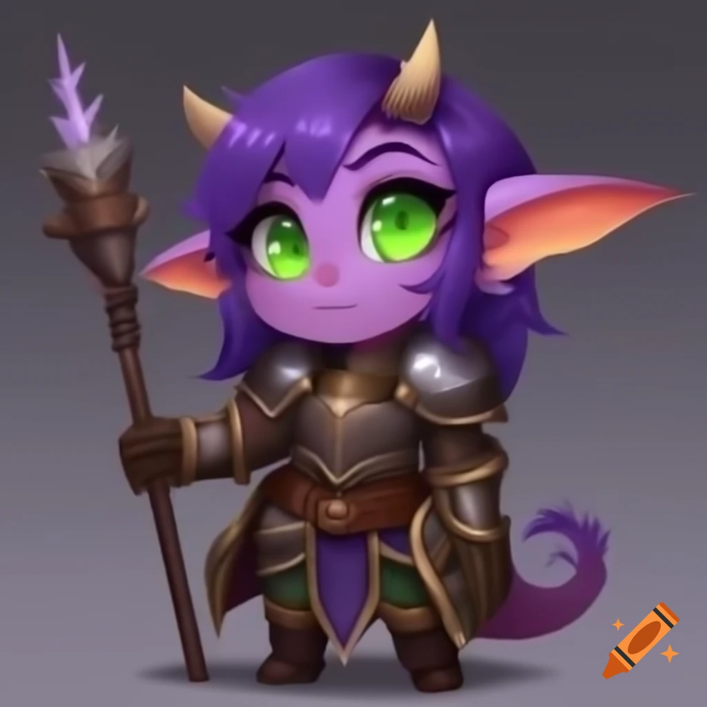 Anime manticore girl with green eyes and purple hair in armor holding ...