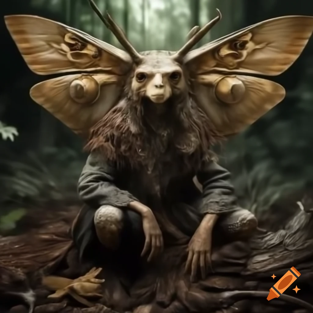 Photo-realistic hybrid creature with human face crawling in forest on ...