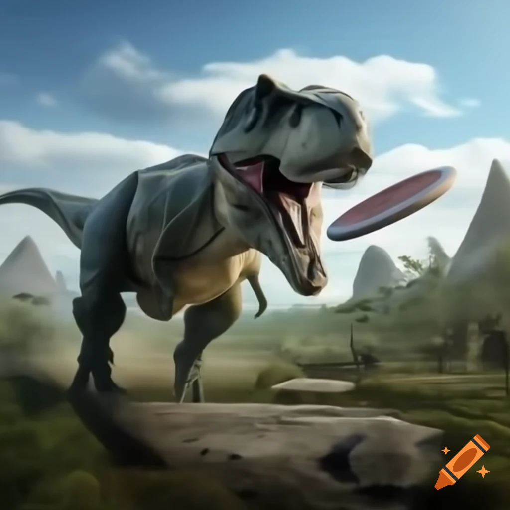 Agile tyrannosaurus rex launching frisbee in prehistoric landscape on ...