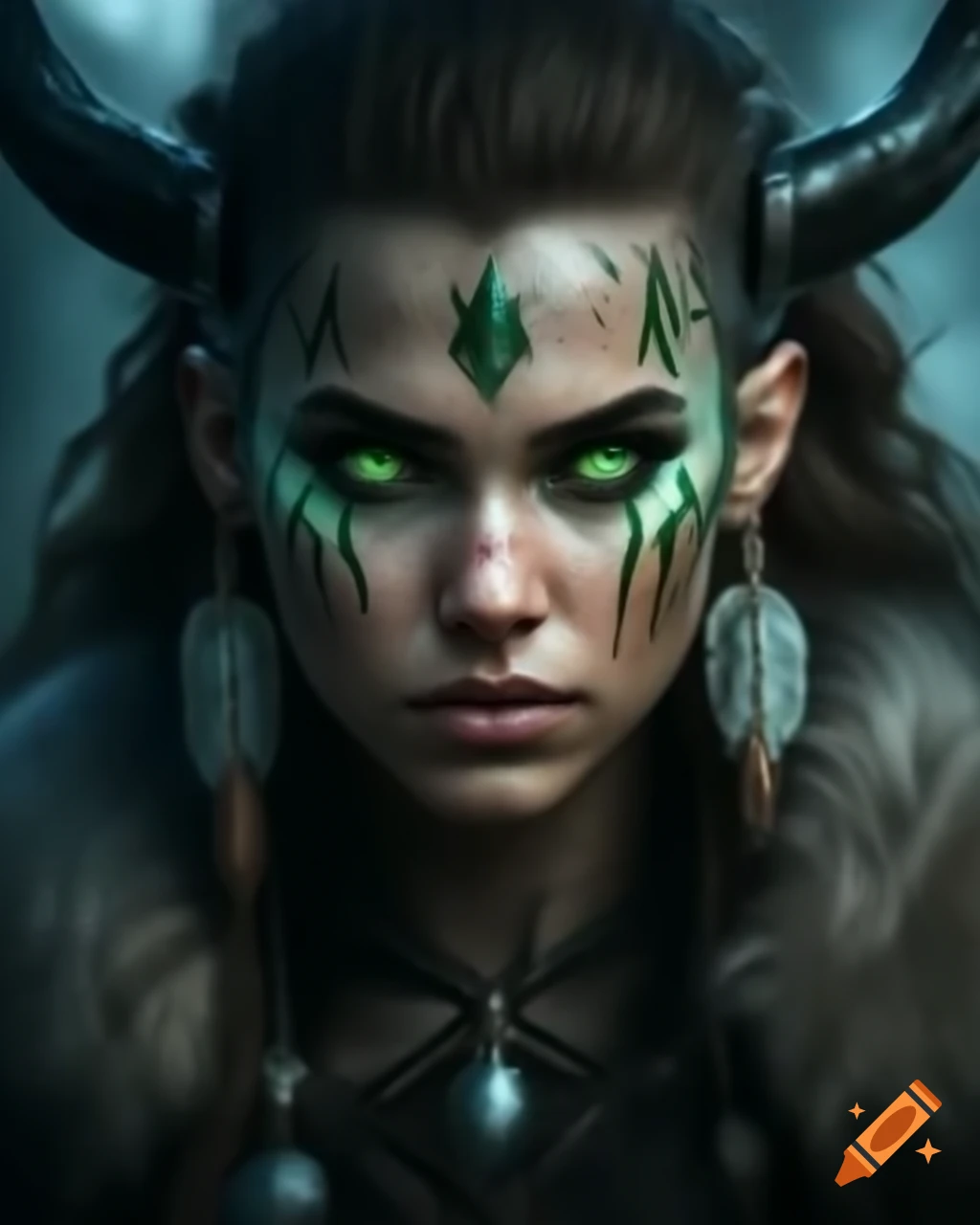 Intense valkyrie viking warrior with emerald green eyes and fur accents ...