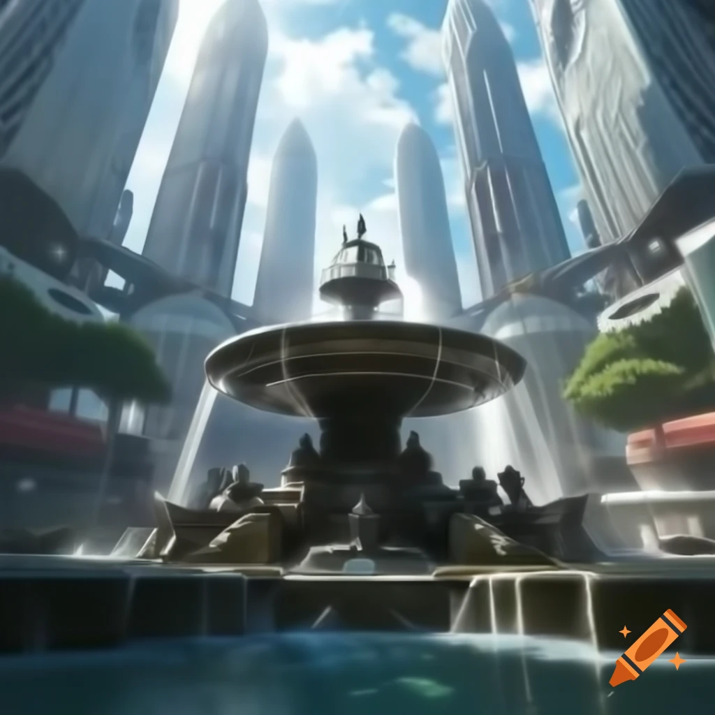 Fountain with gargoyles and futuristic high-rise buildings in anime ...