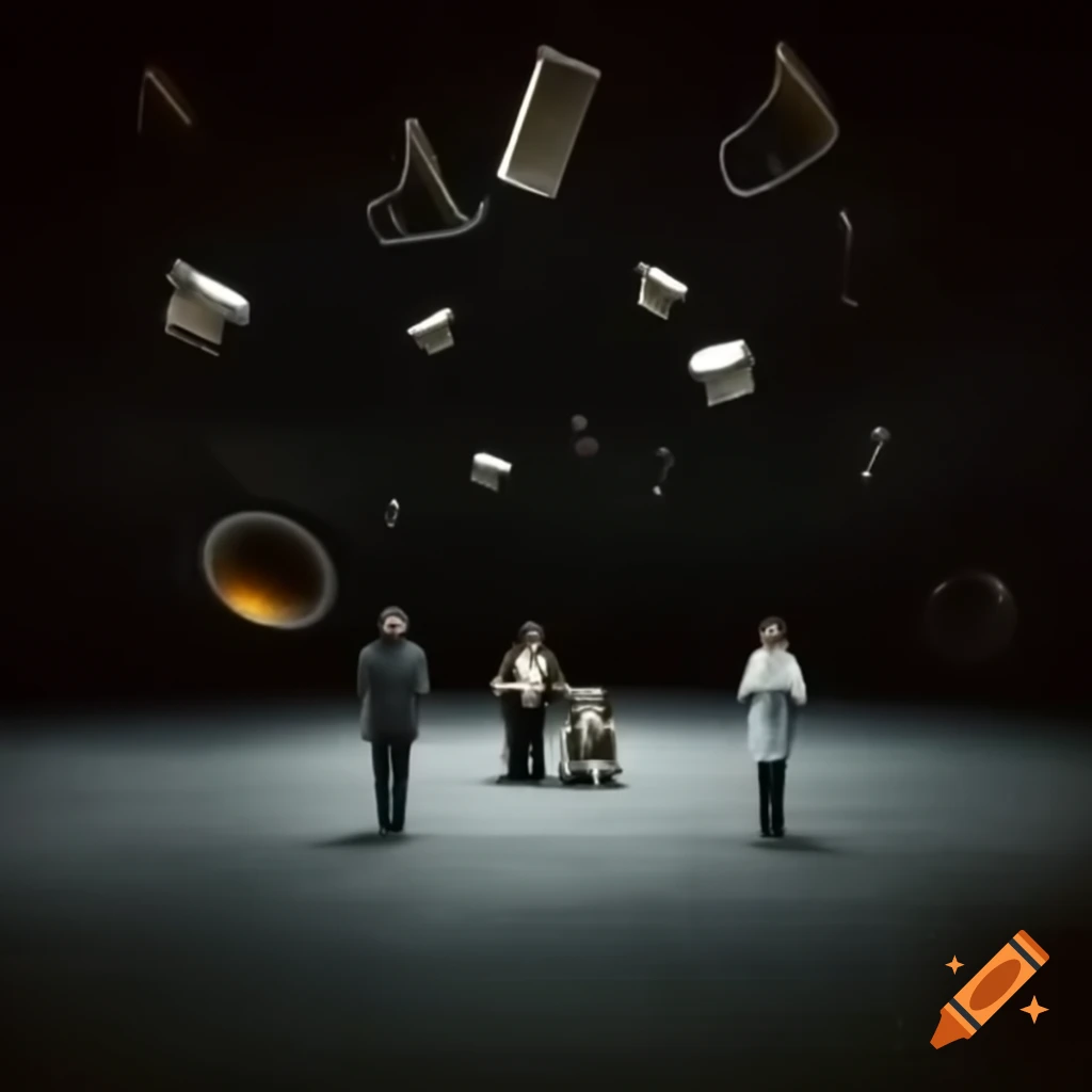 Surreal album cover with three people in empty space and floating ...
