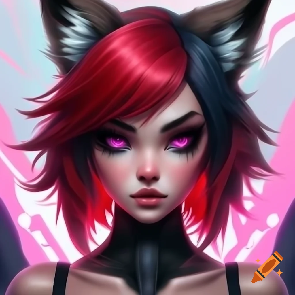 Cyberpunk netrunner girl with red hair and wolf ears in 4K HD on Craiyon