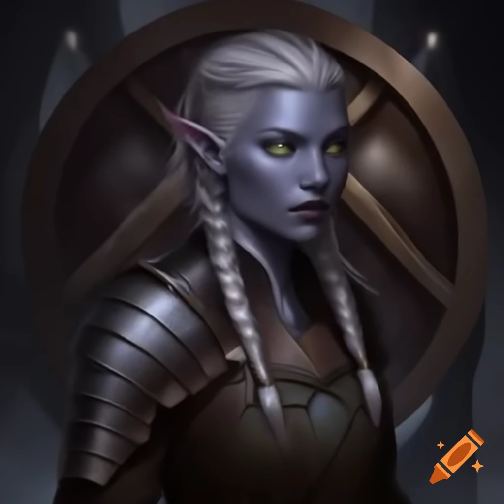 Female dark elf warrior with grey skin and long braided ponytail on Craiyon