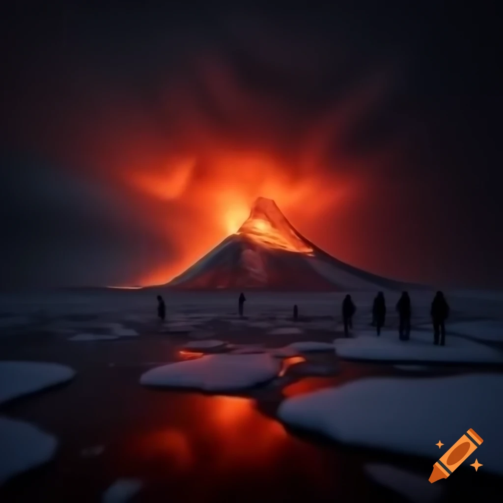 Erupting volcano in icy wasteland with people in furs under overcast ...