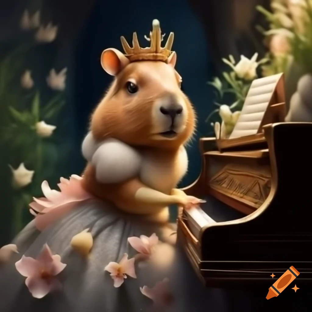Capybara princess adorned with lilies playing piano in grand hall on ...