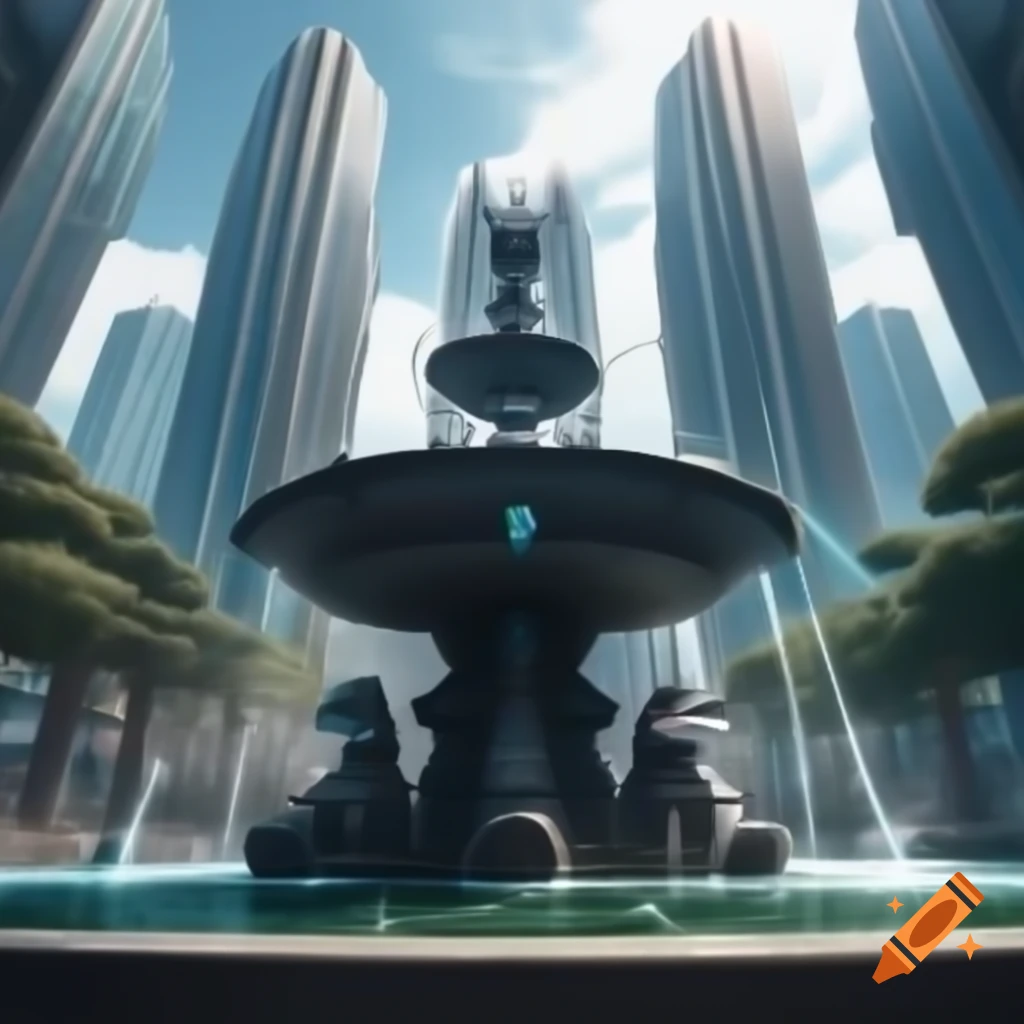 Fountain with gargoyles and futuristic high-rise buildings in anime ...