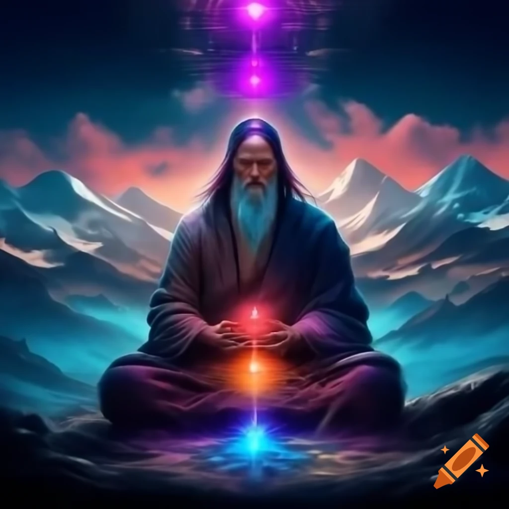 Wizard undergoing chakra cleansing in tibetan mountains, lo-fi ...