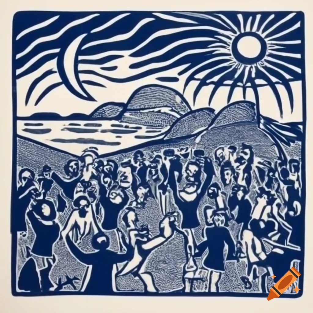 Linocut of vibrant rave party with people dancing, wine bottles ...