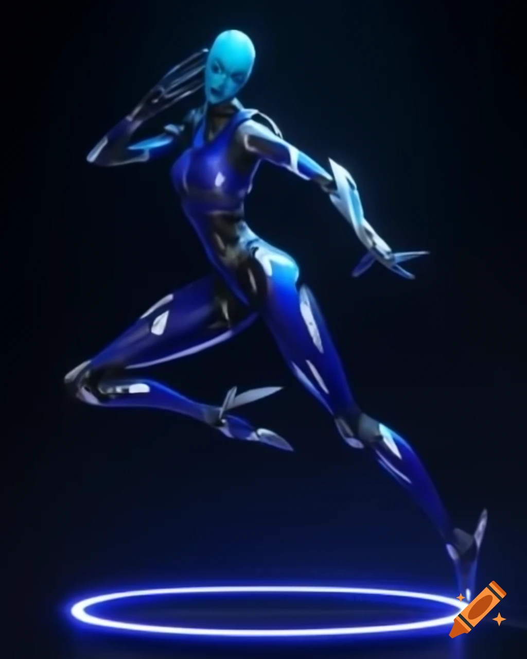 Midnight-blue cyborg performing acrobatic maneuver in cyberpunk ...