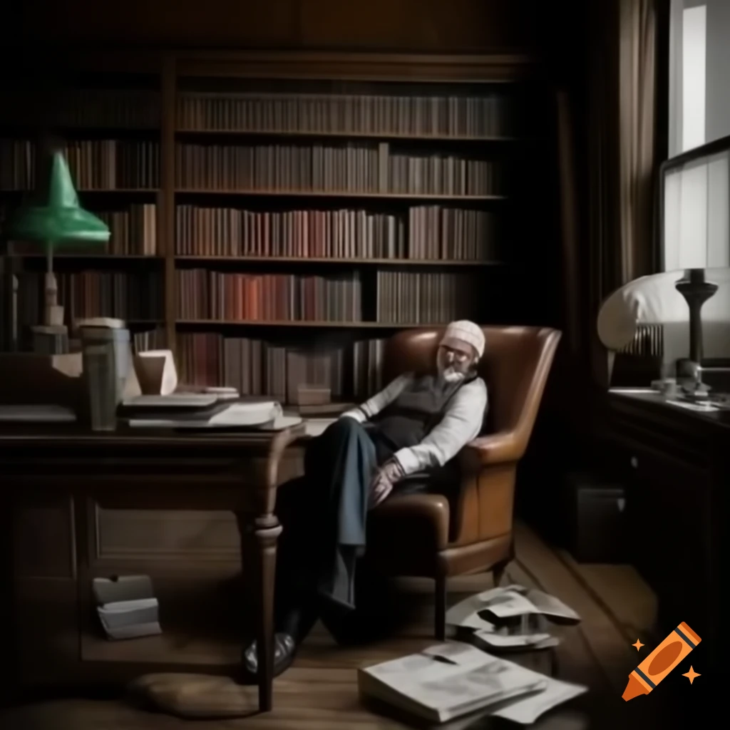 Somber 1920s study room with elderly man in vintage armchair on Craiyon