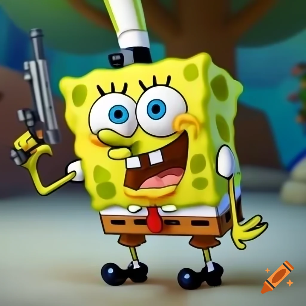 Cartoon scene with Patrick aiming a gun at SpongeBob on Craiyon