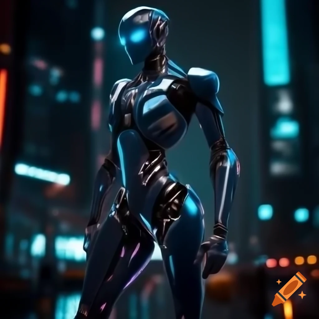 Midnight-blue cyborg performing acrobatics in futuristic neon city on ...