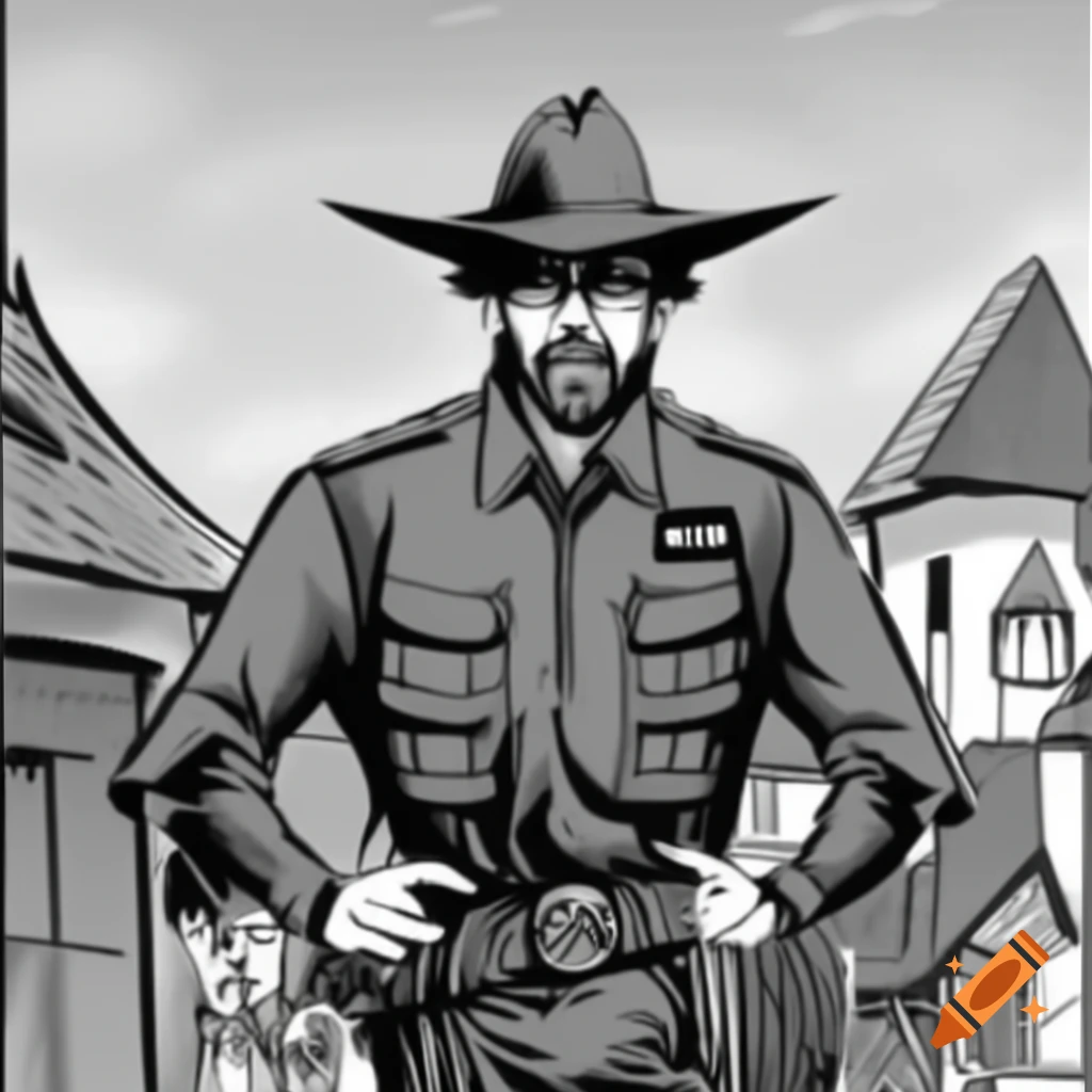 Medieval sheriff in village square wearing leather vest and wide ...