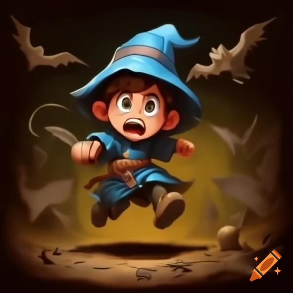 Young wizard running from large bat on video game cover on Craiyon