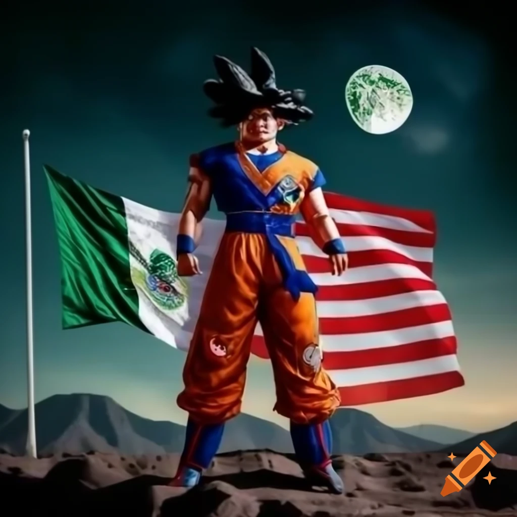 Goku from Dragon Ball placing Mexican flag on moon, knocking over ...