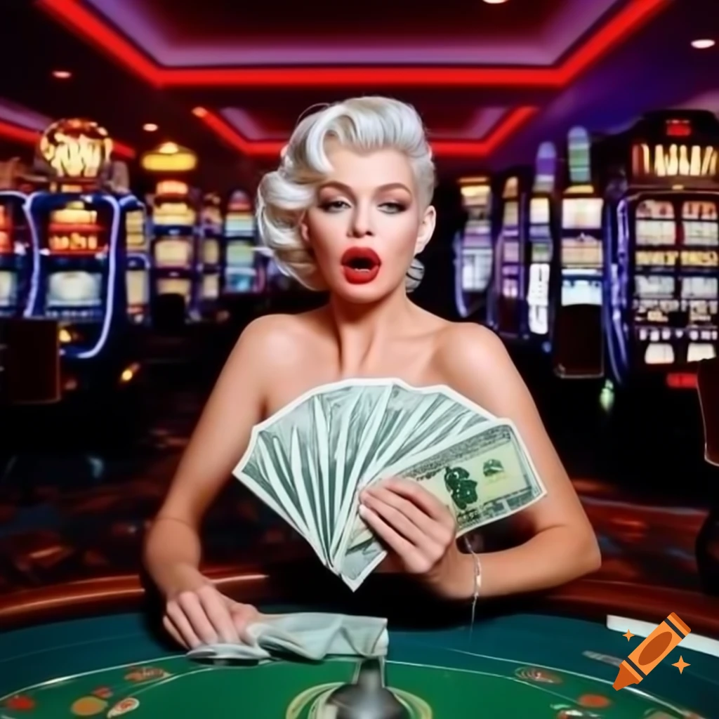 Glamorous woman in casino with money and slot machines on Craiyon