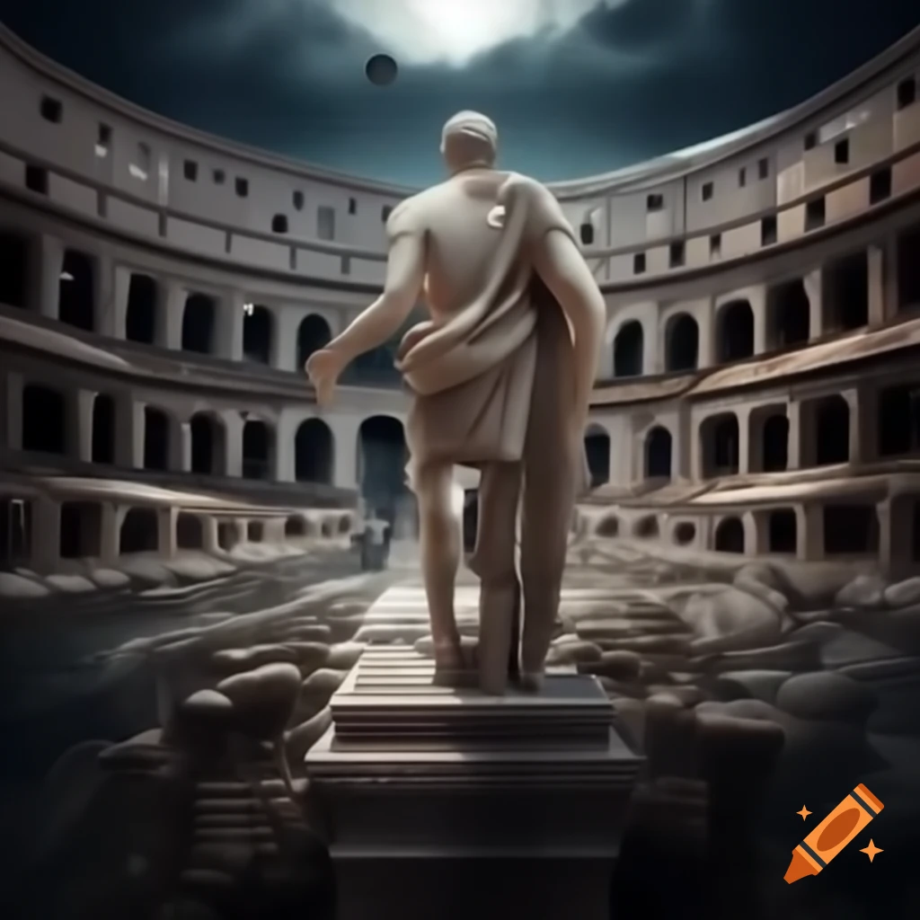 Roman Colosseum featuring a giant classical Greek-style statue on Craiyon