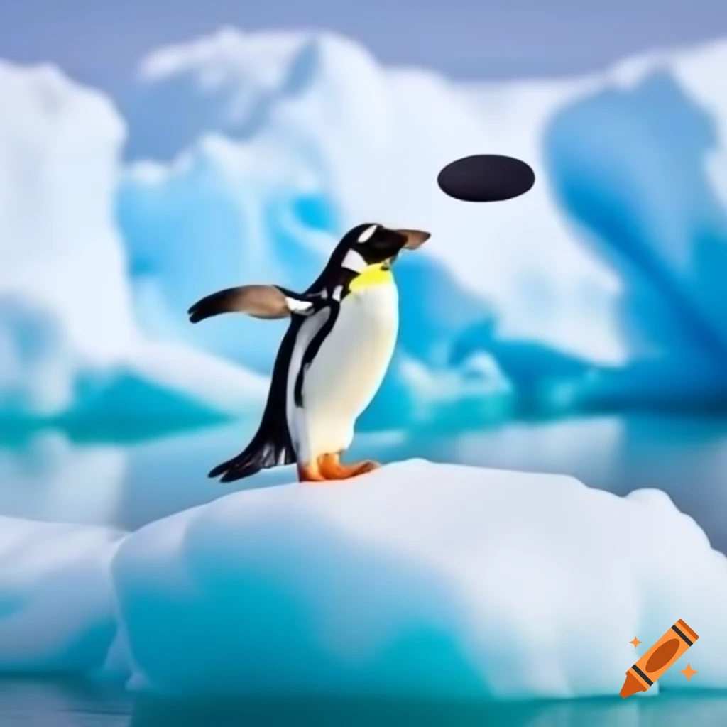 Penguin throwing frisbee on glacier on Craiyon