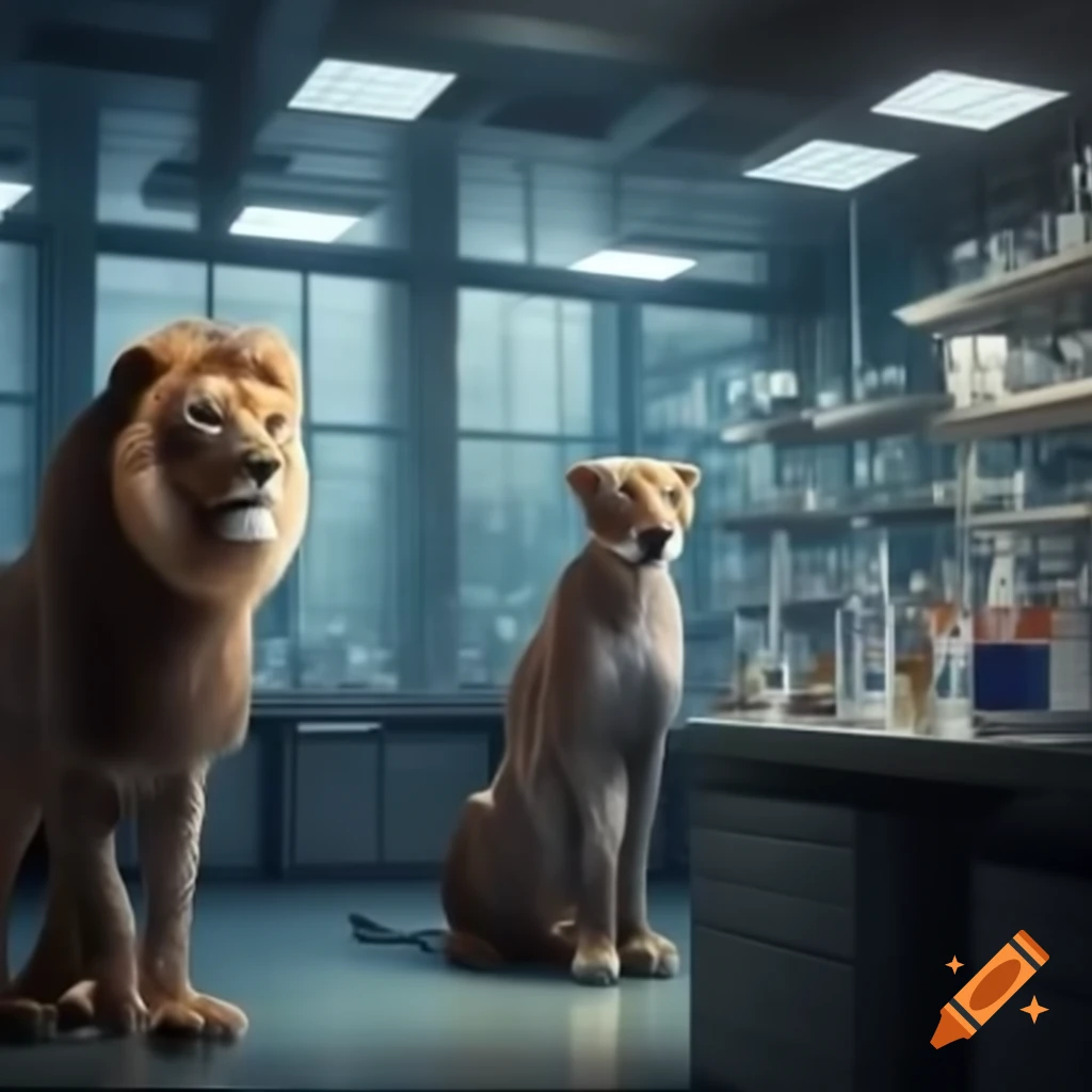 Lion and cheetah in modern laboratory with scientific equipment on Craiyon