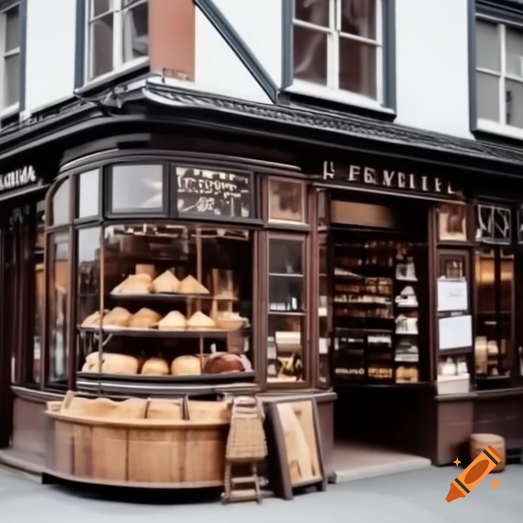Traditional bread shop with wooden exterior and display of breads and ...