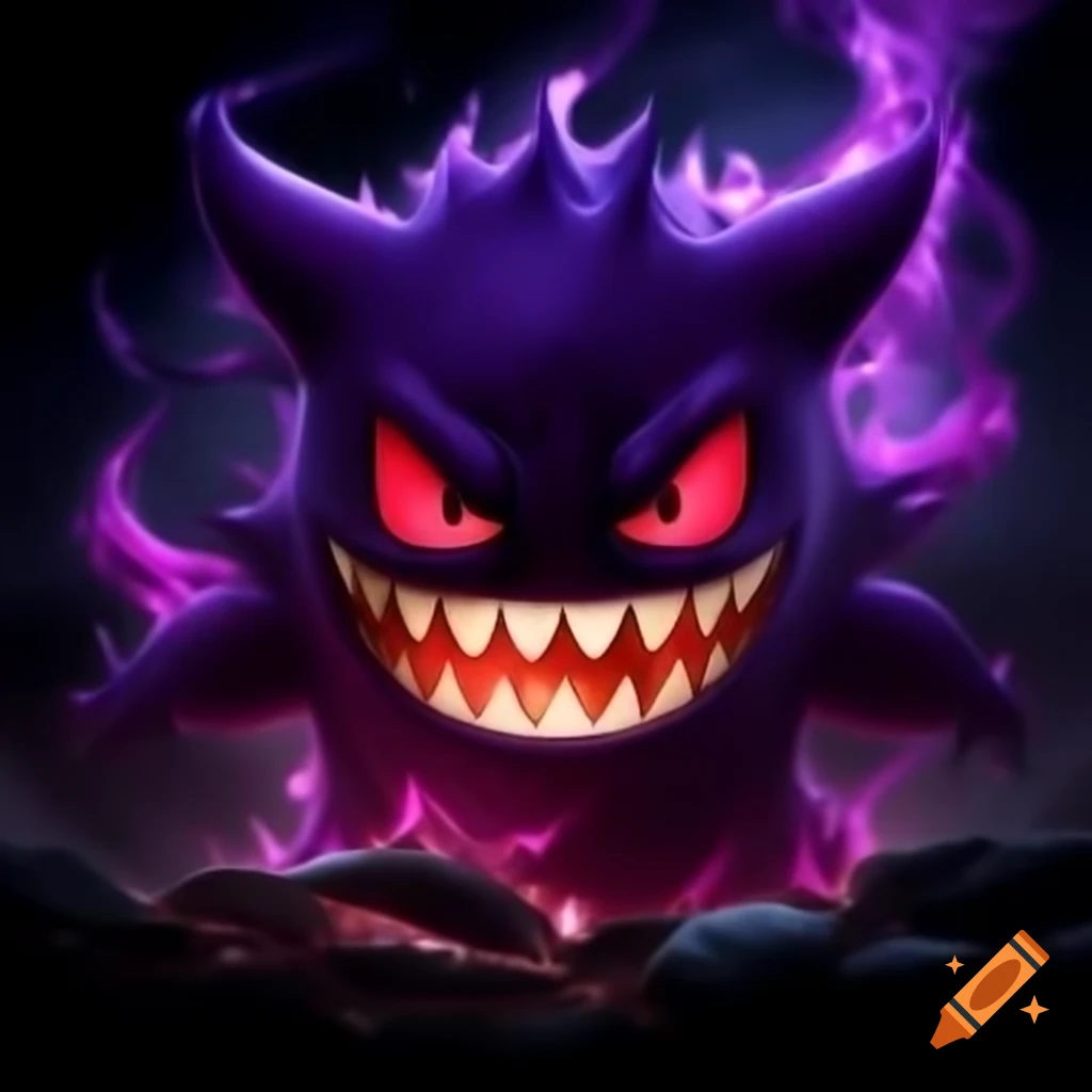 Evil and terrifying gengar with glowing red eyes and sharp fangs on Craiyon